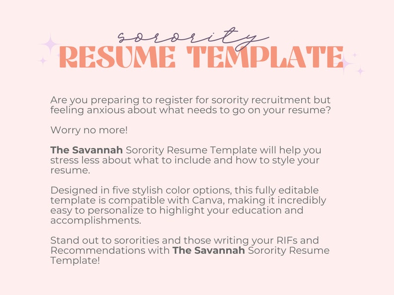 Sorority Resume Template – Stylish Rush Resume With Photo (instant ...