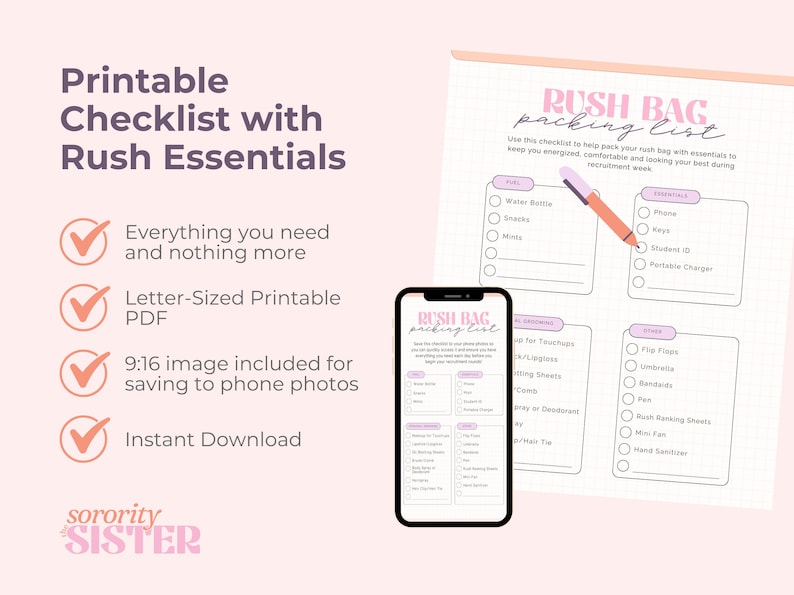Sorority Rush Bag Packing List - Etsy