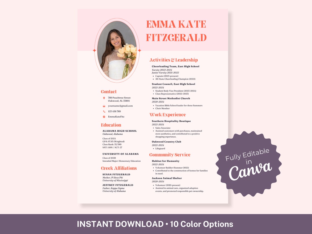 The Emma Kate - Sorority Resume Template Etsy, Sorority Rush Resume ...