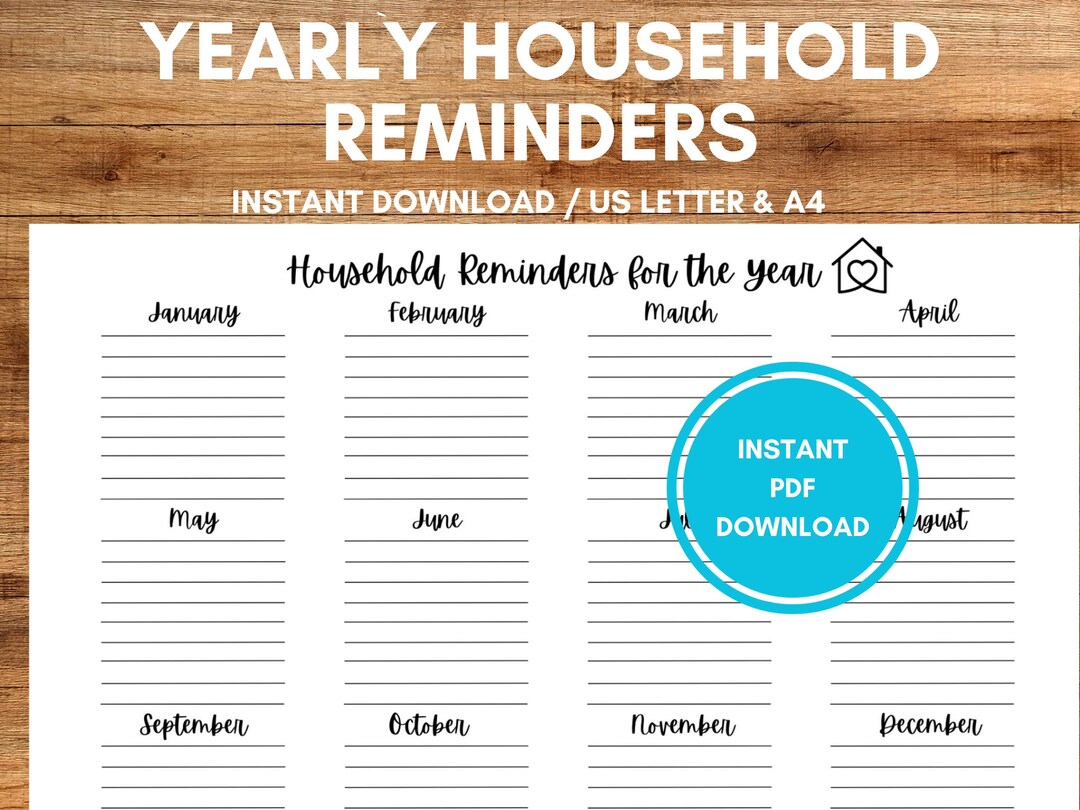 Yearly Household Reminders by Month / Instant PDF Download / Home ...