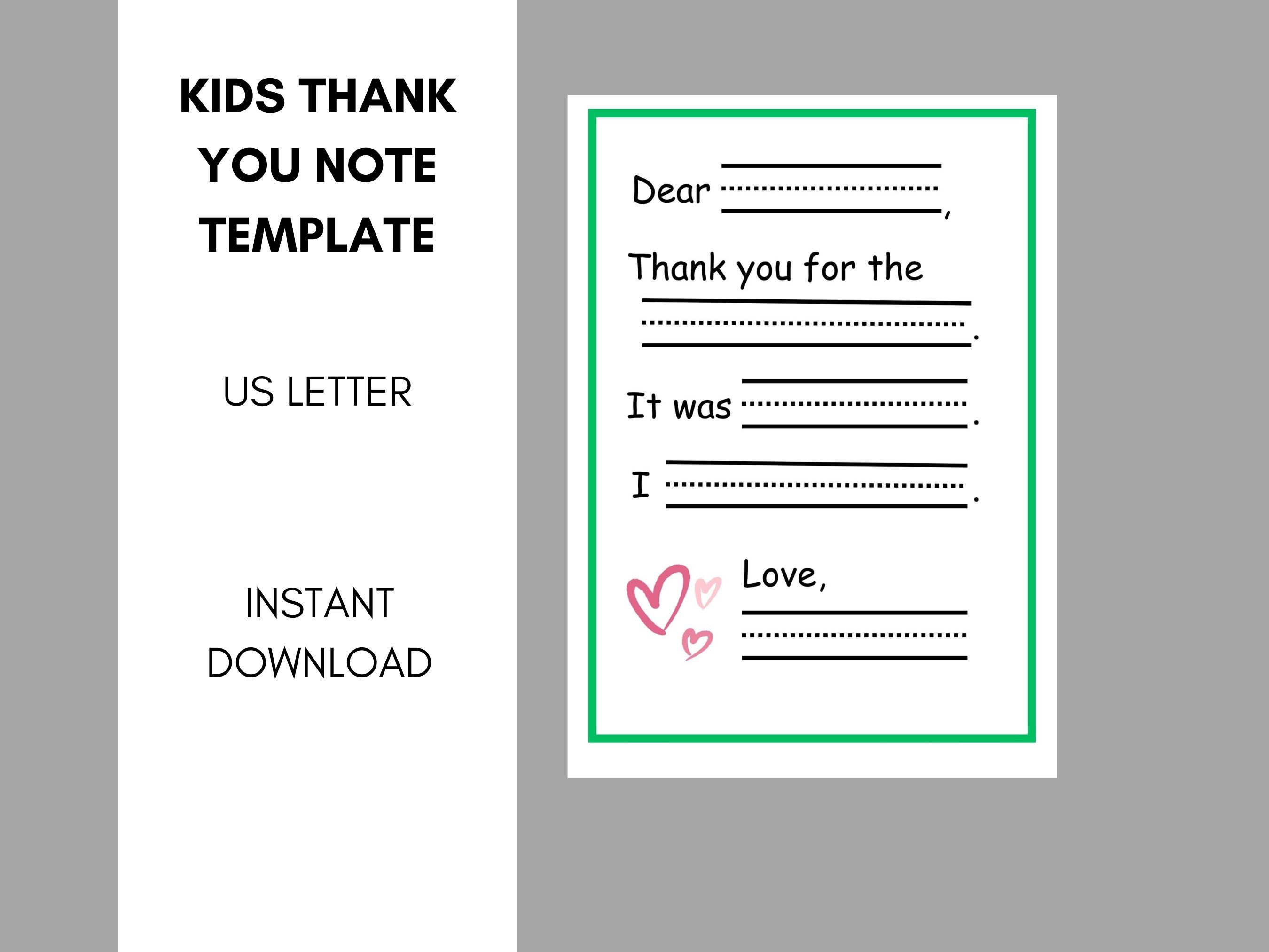 Kids Thank You Note Template / Instant PDF Download / 5 X 7 Card ...