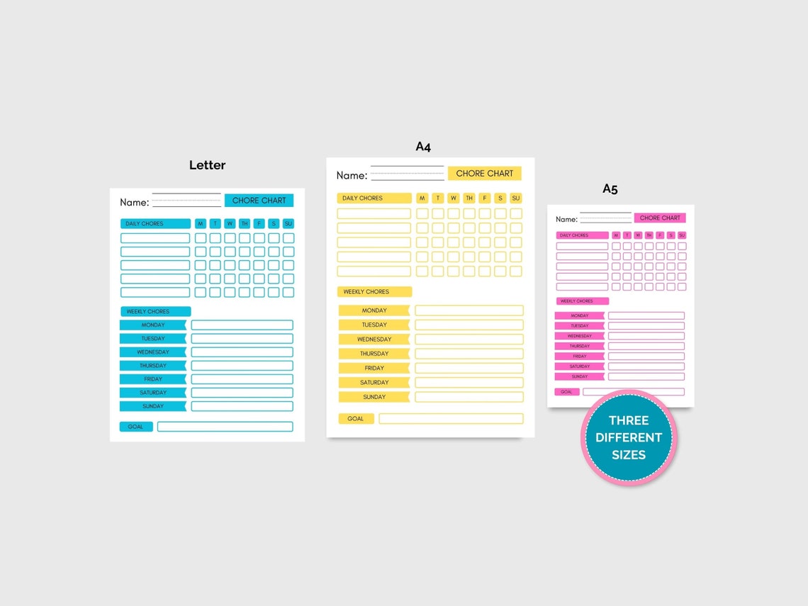 Kid's Chore Chart Printable / Instant Download / 6 Different Colors ...