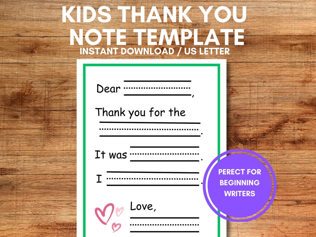 Kids Thank You Note Template / Instant PDF Download / 5 X 7 Card ...