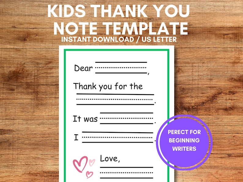 Kids Thank You Note Template / Instant PDF Download / 5 X 7 Card ...