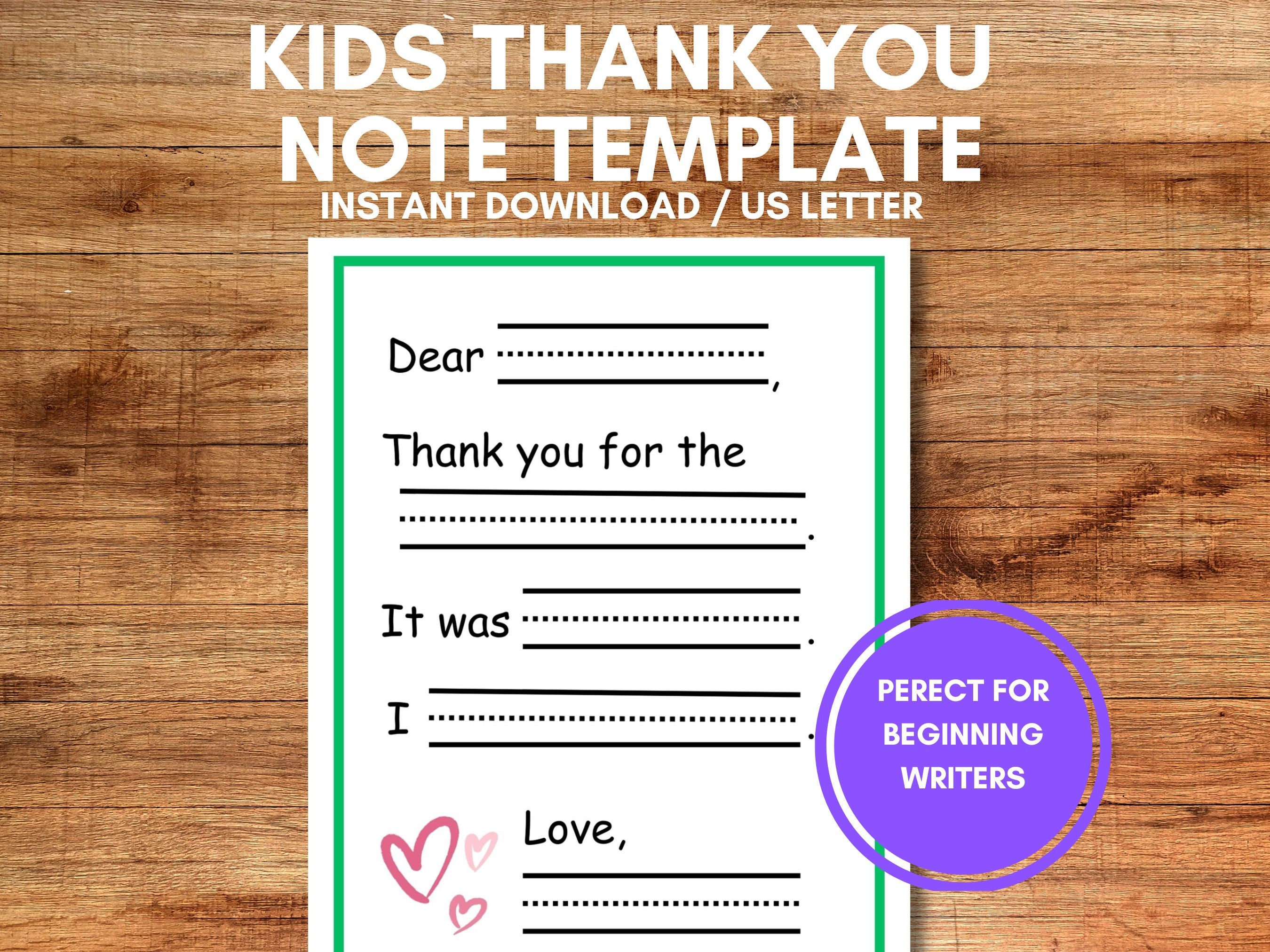Kids Thank You Note Template / Instant PDF Download / 5 X 7 Card ...