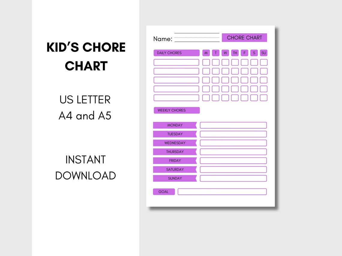 Kid's Chore Chart Printable / Instant Download / 6 Different Colors ...