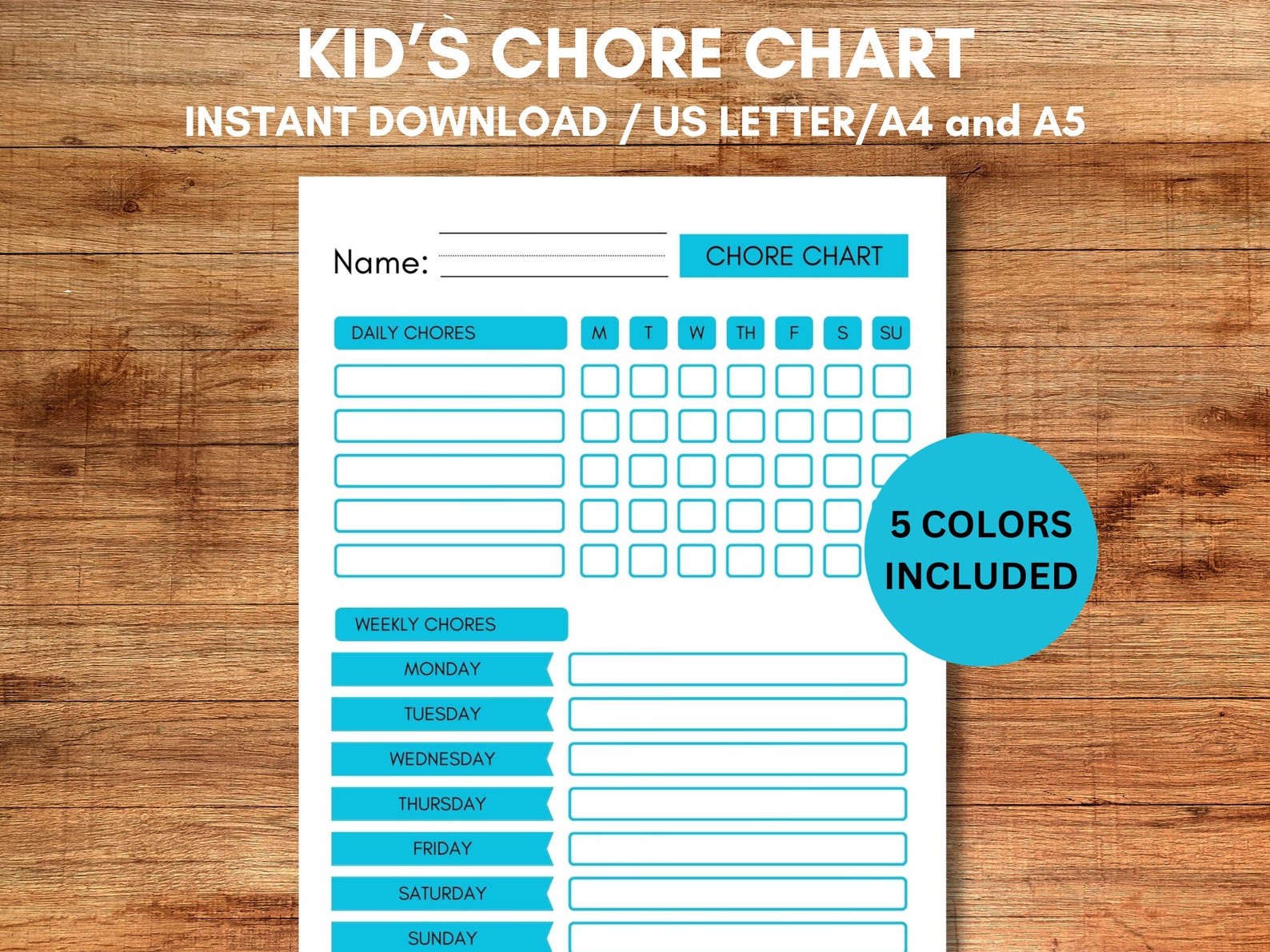 Kid's Chore Chart Printable / Instant Download / 6 Different Colors ...