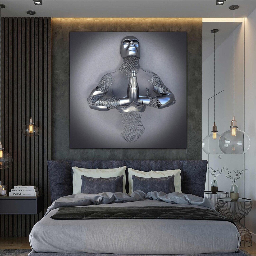 3D Silver Human Canvas, Praying Chain Grey Canvas, 3D Silver Metallic ...