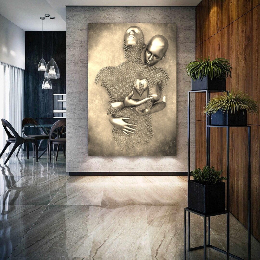 3D Hugging Couples Gold Effect Canvas, Abstract Metal Figure Sculpture ...
