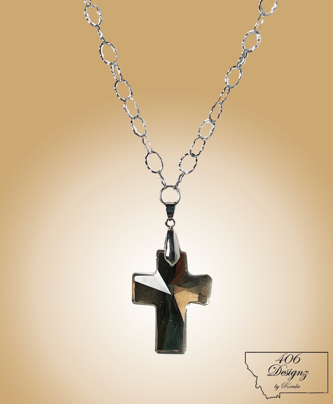 Gold Murano Glass Cross Pendant Necklace on Stainless Steel Large Oval ...