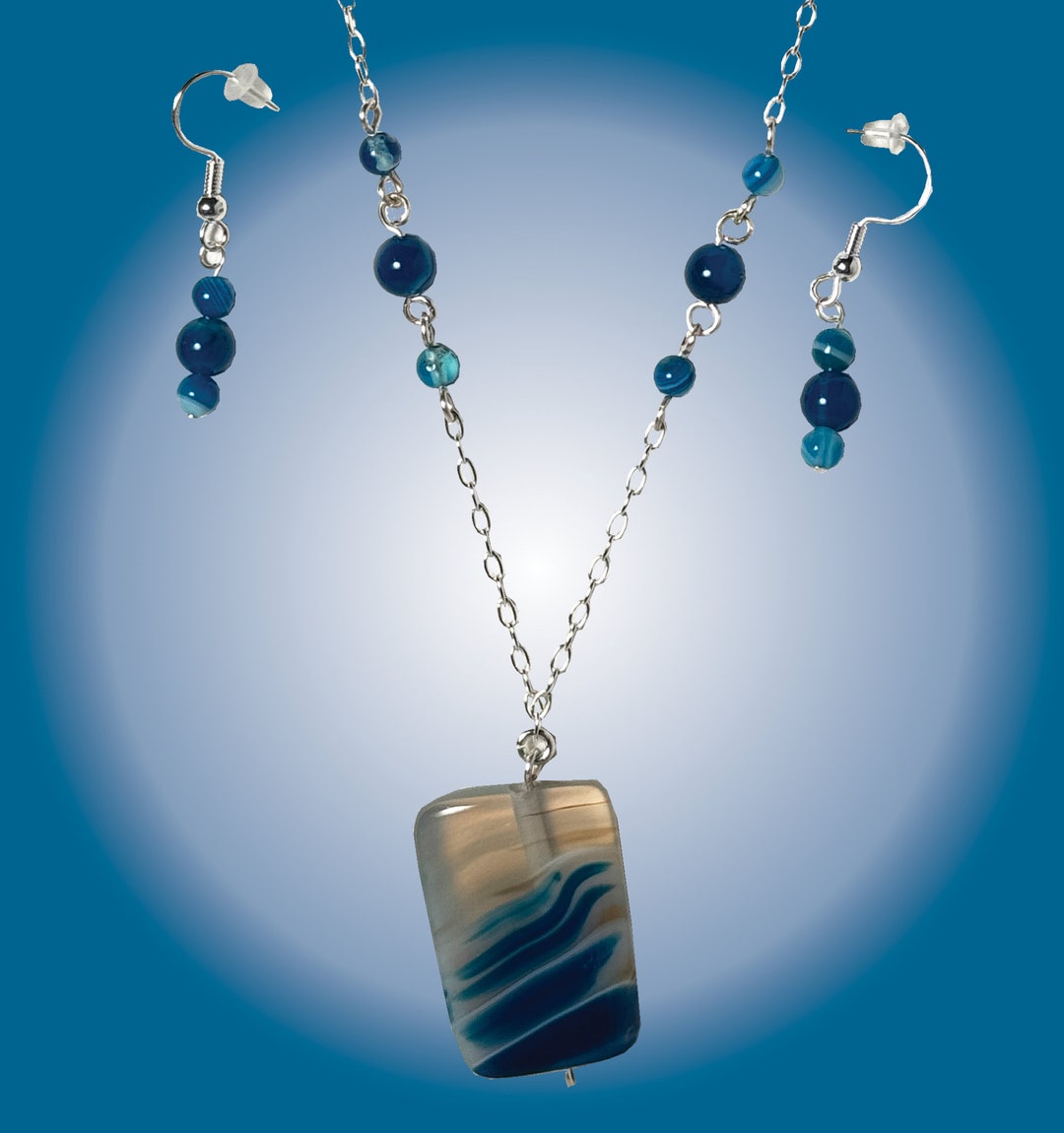 Blue Onyx Agate Rectangular Pendant Necklace on Sterling Silver Chain ...