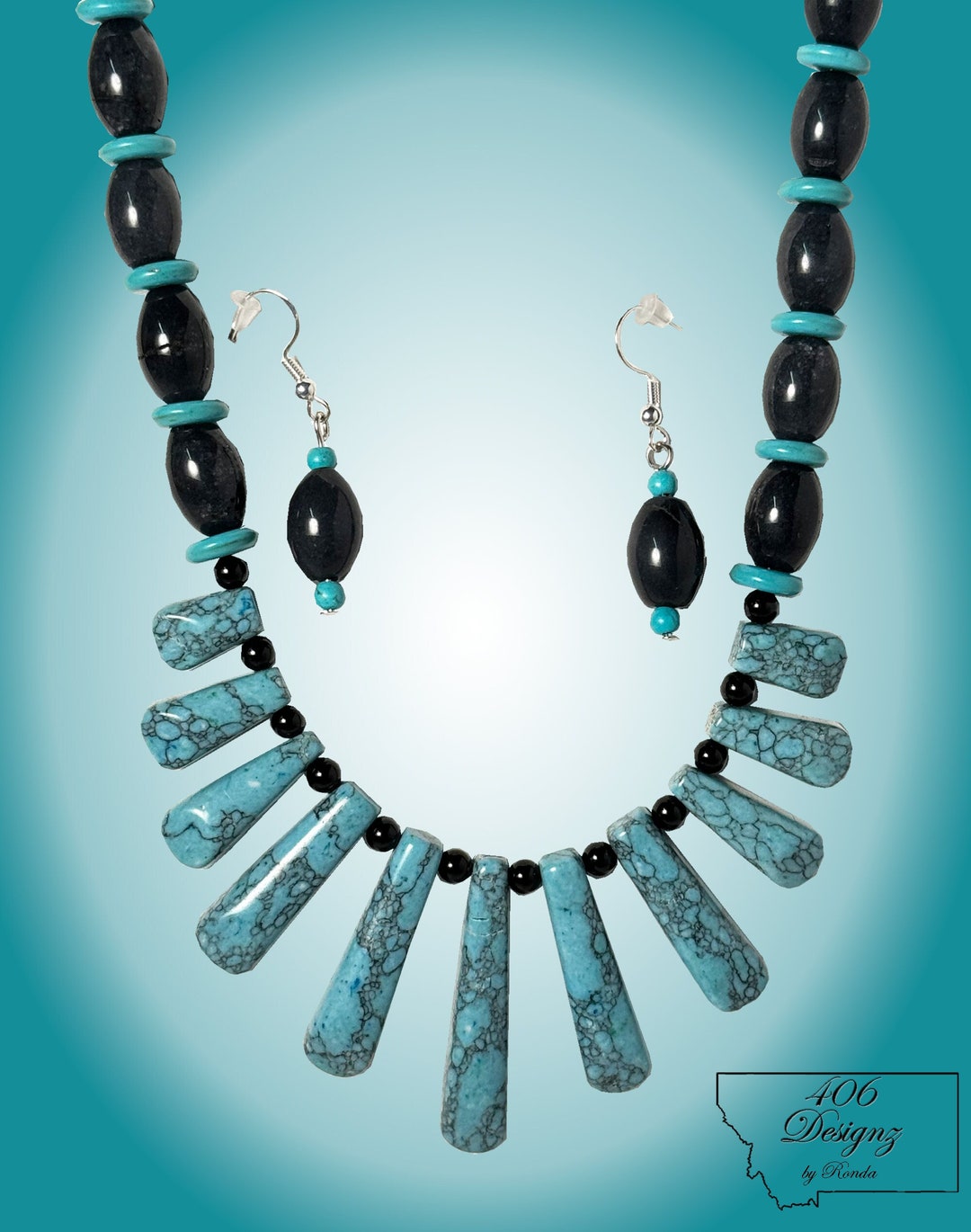 Turquoise Sunburst Necklace With Gray and Black Jade Beads and Matching ...