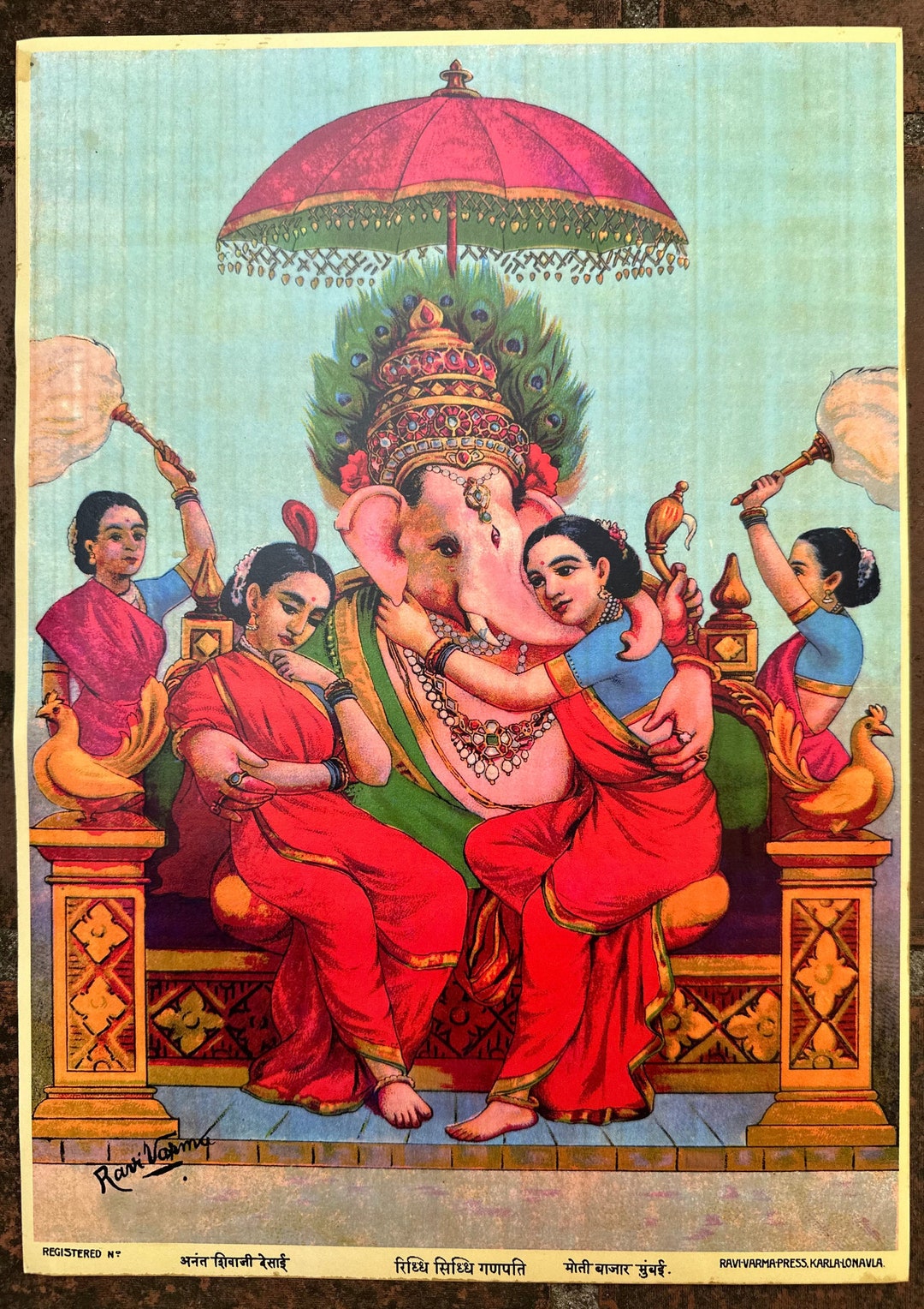 Raja Ravi Varma Print - Ganapati With His Consorts Riddhi and Siddhi ...