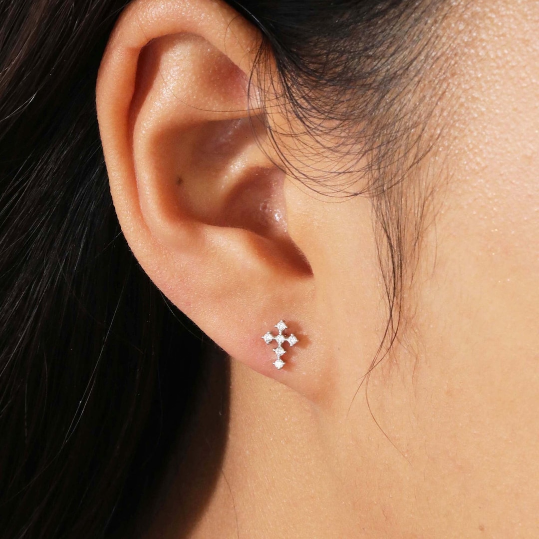 Tiny Cross Stud Earrings, Diamond Cross Earring, 925 Silver Stud Earring, Gift for Her, Cross ...