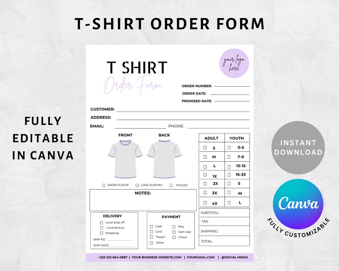 T-shirt Order Form Digital Download Fully Editable and - Etsy