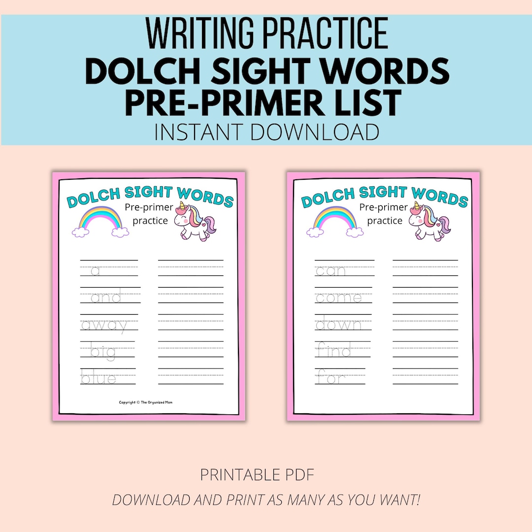 Unicorn Sight Word Writing Practice – Dolch Pre-primer Worksheets – 40 ...