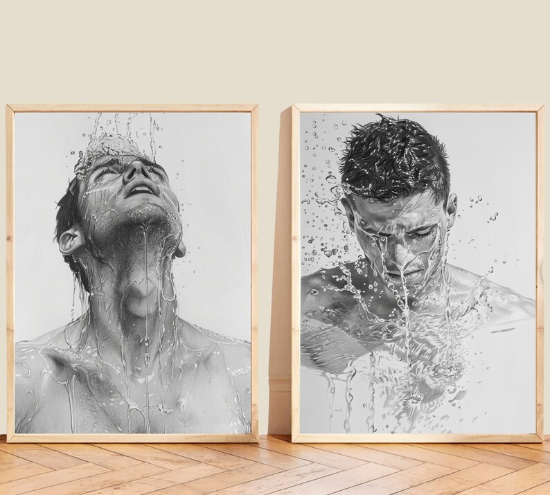 Dynamic Pencil Drawing Set of 2 - Hyperrealistic Water Splash Portraits ...