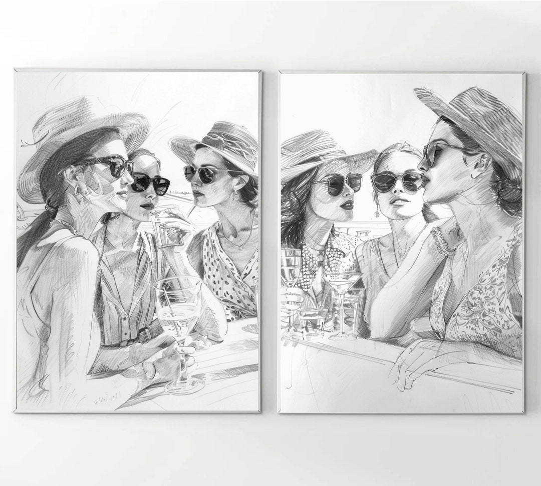 Elegant Ladies' Pencil Drawing Set of 2 - Social Gathering of Women ...