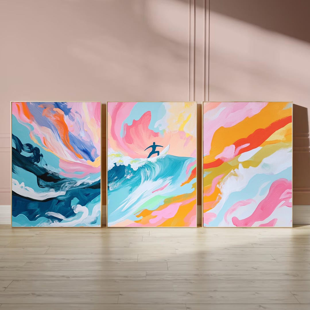 Surfer Wall Art Set of 3 | Abstract Ocean Wave Triptych | Colorful ...