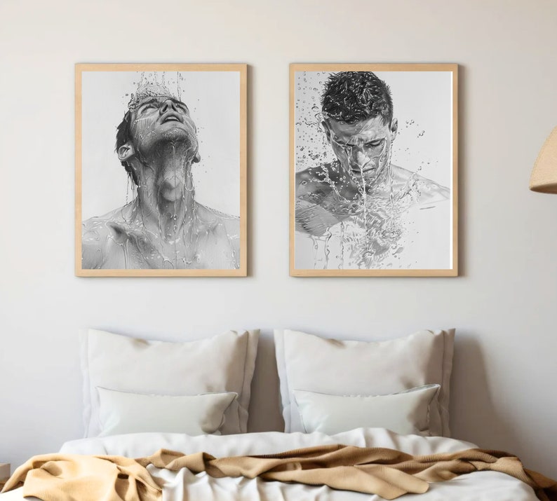Dynamic Pencil Drawing Set of 2 - Hyperrealistic Water Splash Portraits ...