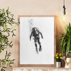 Deep Sea Diver Pencil Drawing – Minimalist Ocean Exploration Art - Etsy