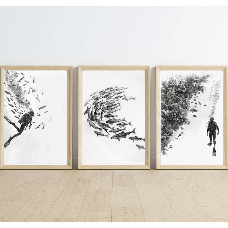 Scuba Diver Pencil Sketch | Set of 3 | Perfect Gift for Dive Lovers ...