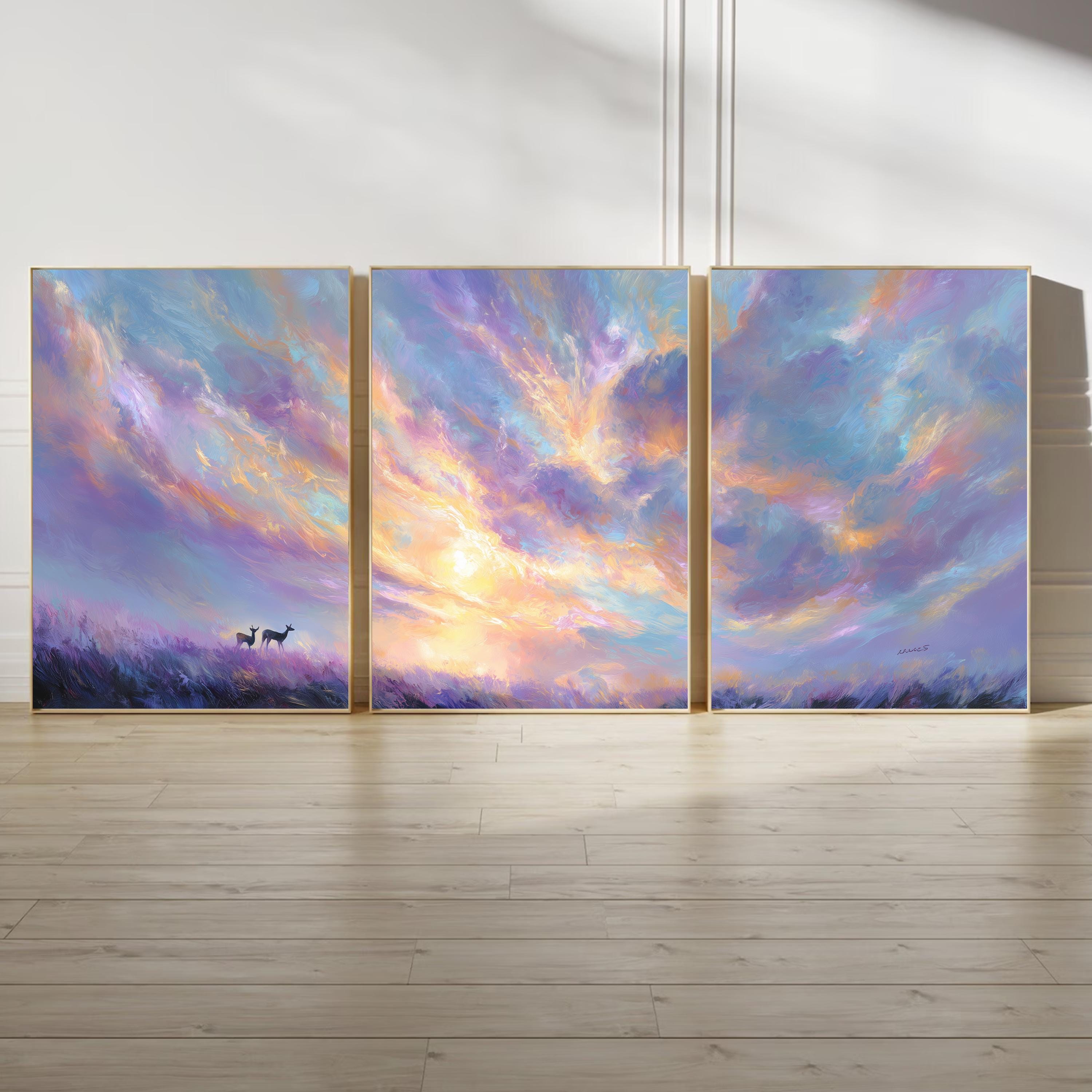 Purple Sunset Sky, Triptych Poster Set, Pastel Abstract Cloud Wall Art ...