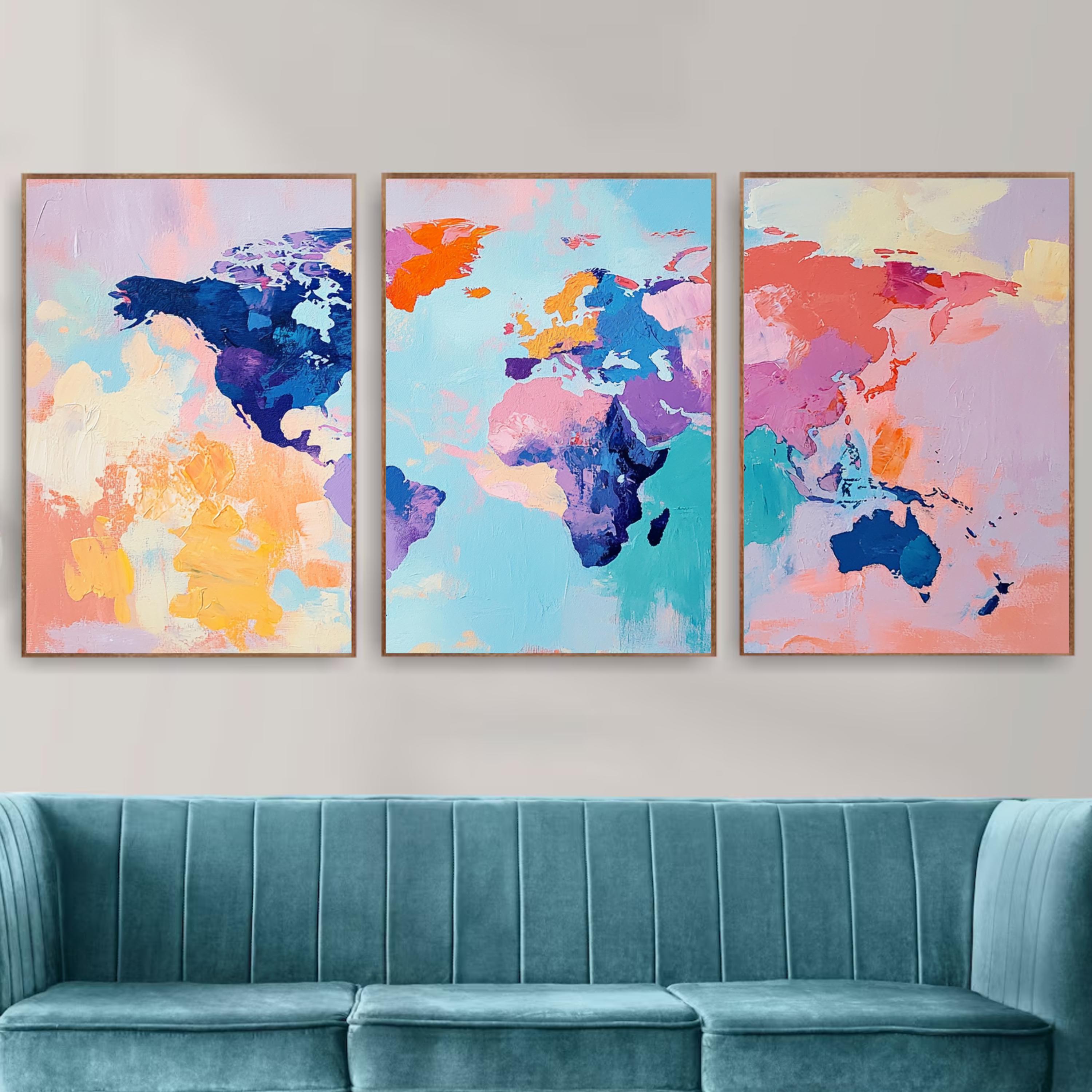 Colorful World Map Wall Art Set of 3 | Abstract Triptych Prints ...