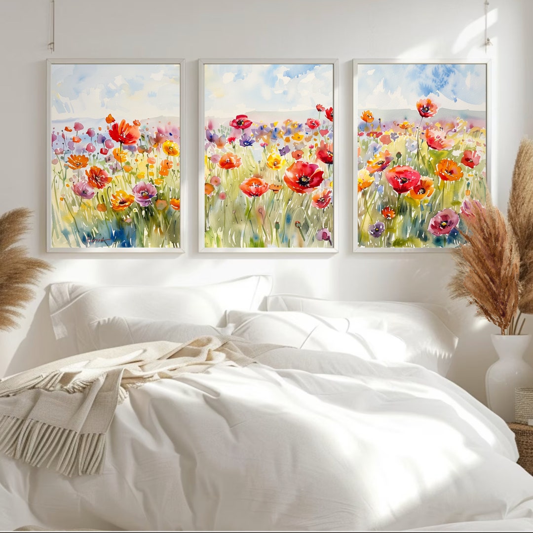 Watercolor Flower Field Poster Set of 3 - Sunny Day Landscape Art ...