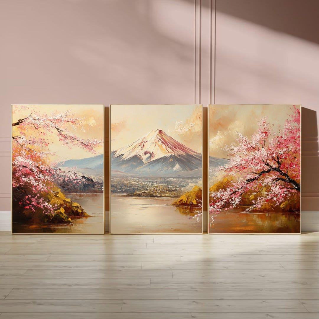 Mount Fuji & Cherry Blossoms 3-panel Wall Art – Japanese Landscape Painting, Sakura Spring ...