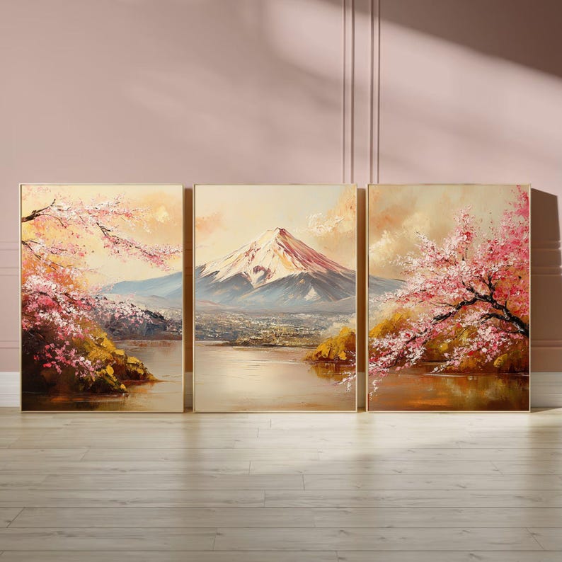 Mount Fuji & Cherry Blossoms 3-panel Wall Art – Japanese Landscape Painting, Sakura Spring ...