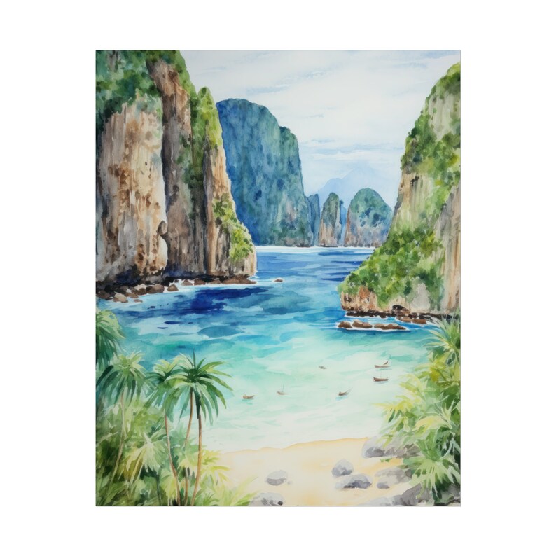 Maya Bay Inspired Watercolor Painting the Beach Movie Painting Thailand ...