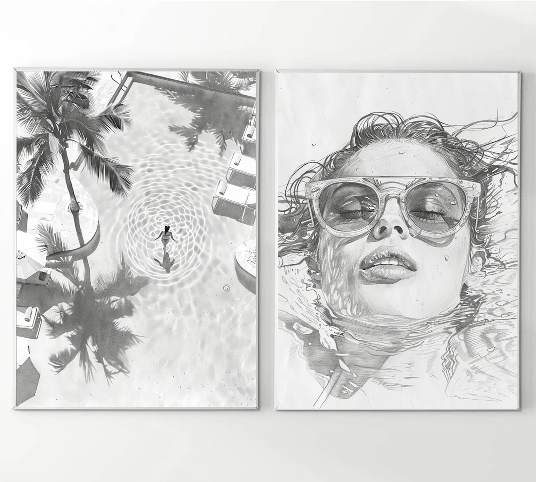 Poolside Bliss Pencil Drawing Set of 2 - Tropical Pool and Portrait ...