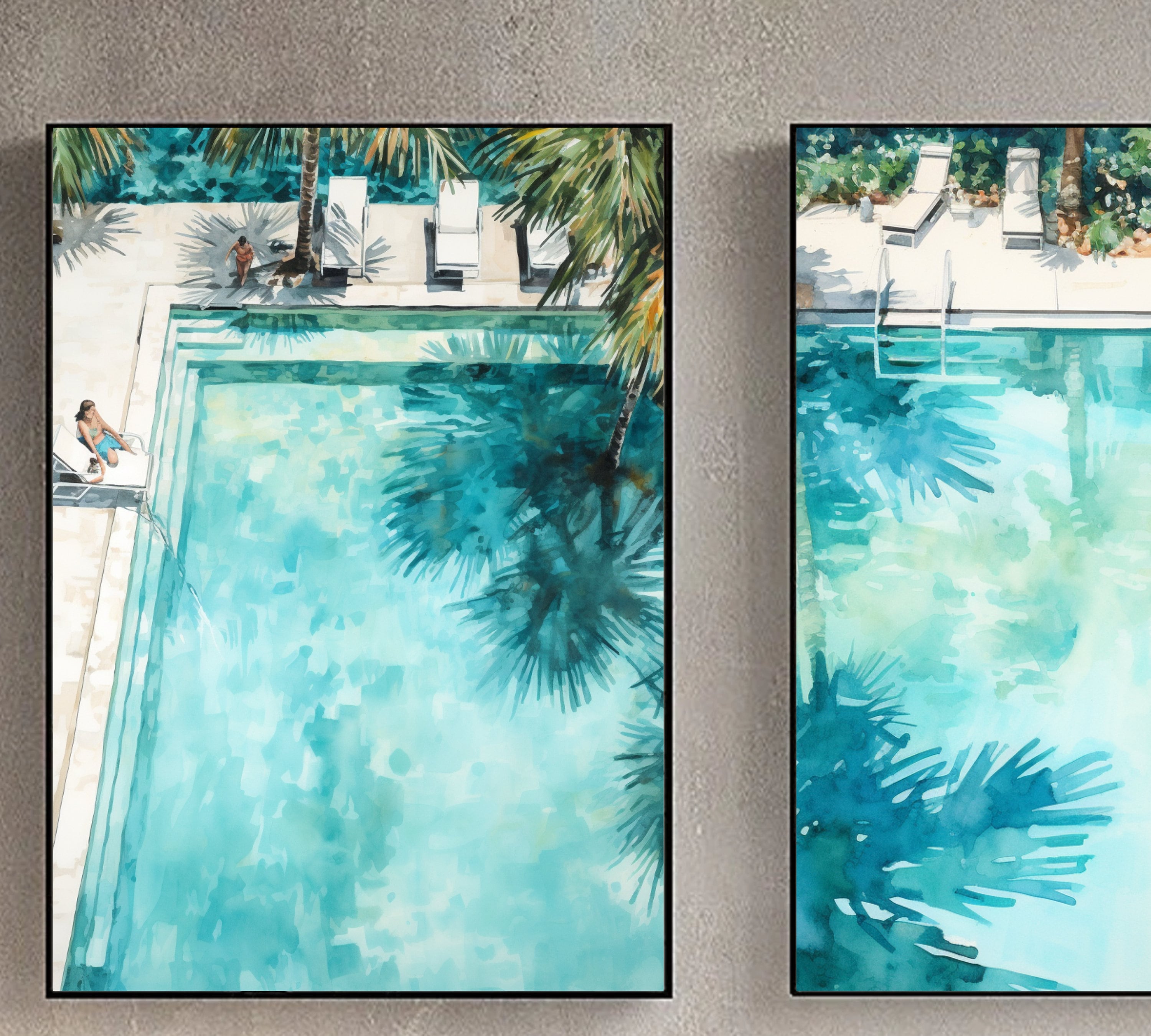 Tranquil Swimming POOL Watercolor Art PAINTING SET of 2- Palm Inspired ...