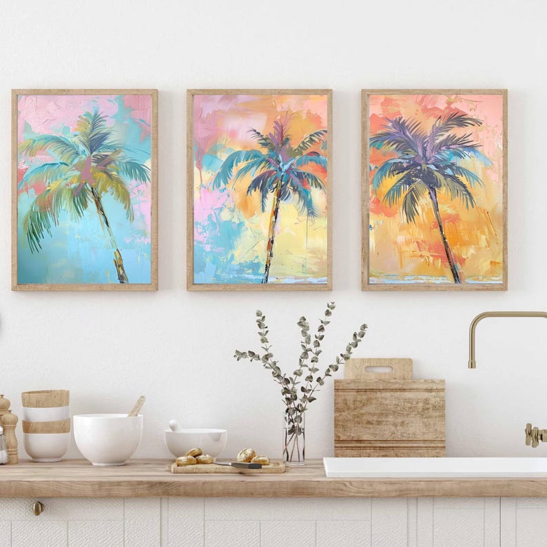 Modern Funky Palm Tree Set of Three - Tropical Serenity: Pastel Palm ...