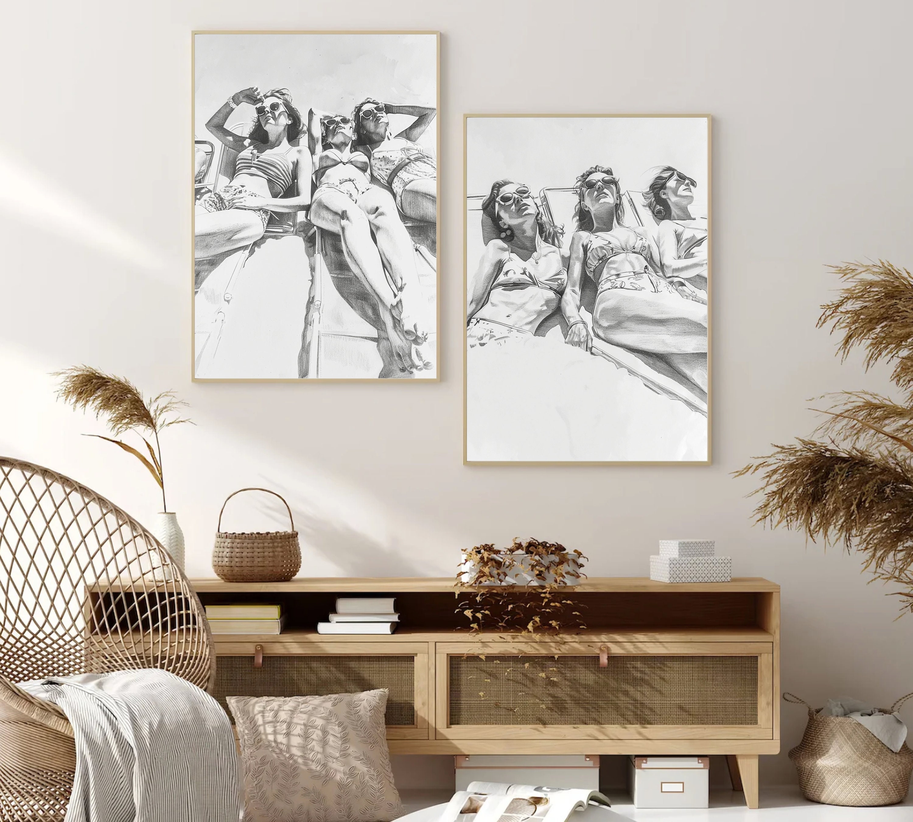 Retro Sunbathing Pencil Drawing Set of 2 - 60s Palm Springs Holiday ...