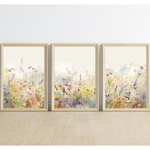 Boho Chic Wildflower Field Poster Set of 3 - Watercolor Floral Wall Art ...