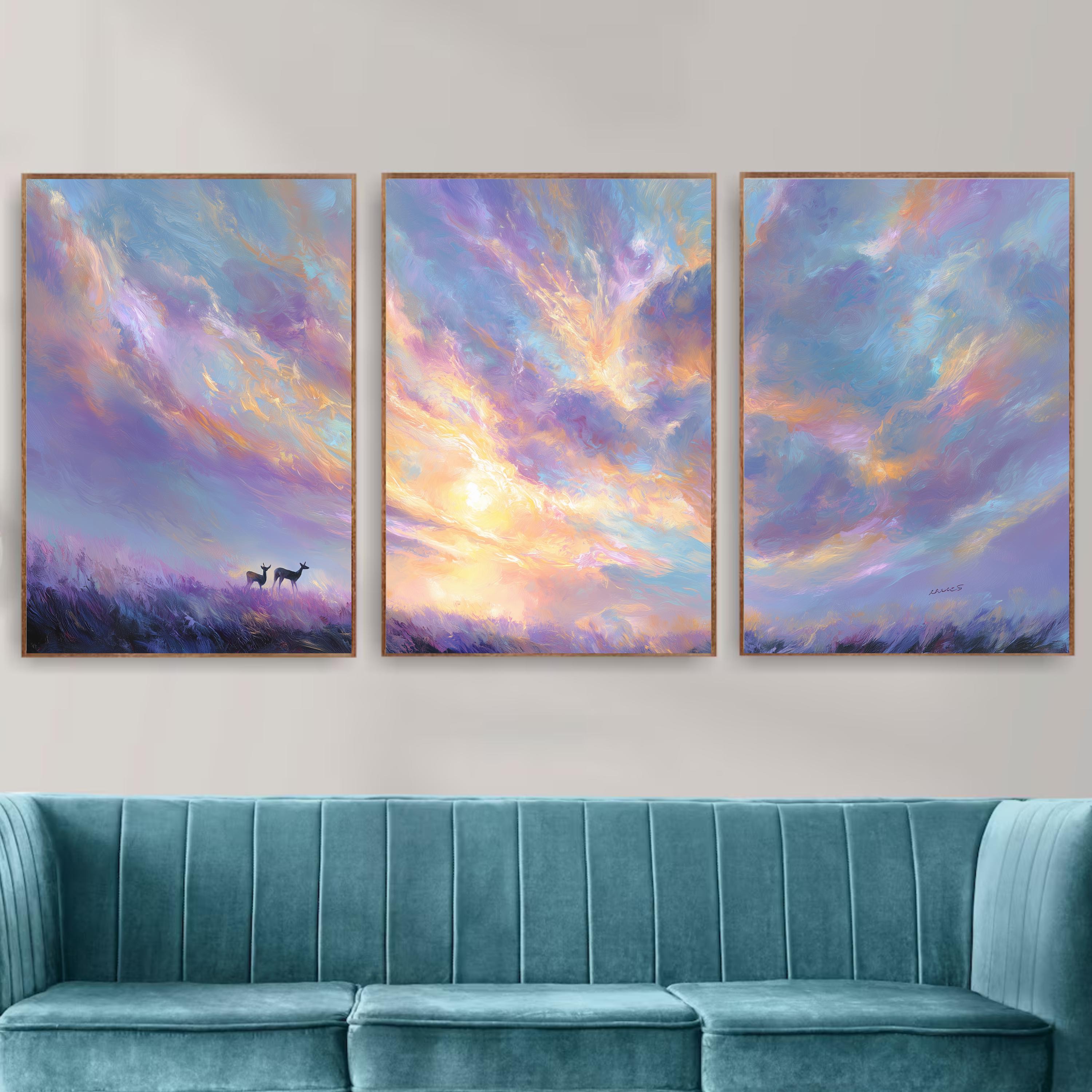 Purple Sunset Sky, Triptych Poster Set, Pastel Abstract Cloud Wall Art ...