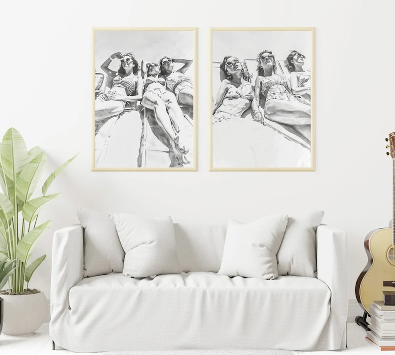 Retro Sunbathing Pencil Drawing Set of 2 60s Palm Springs Holiday Vibes ...