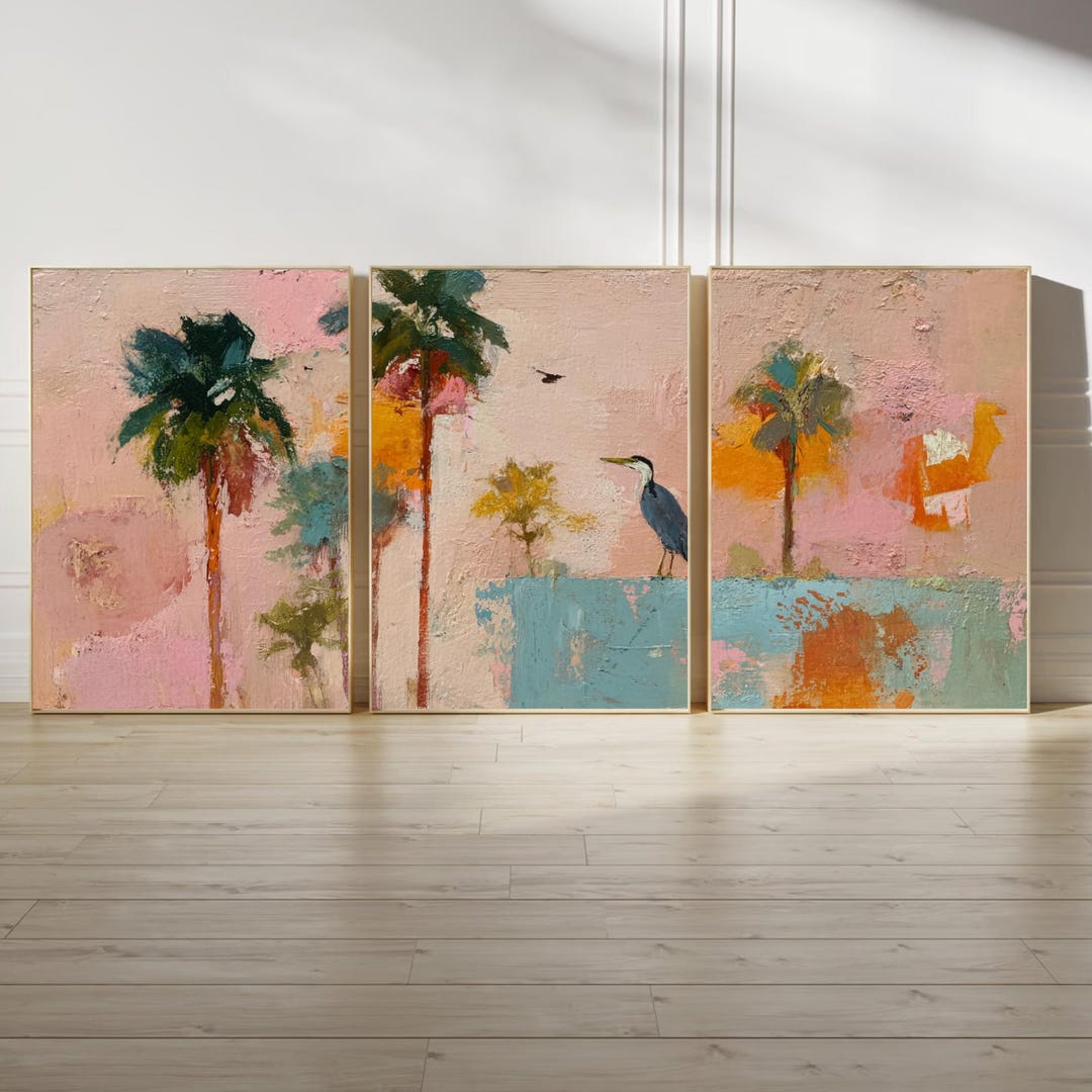 Colorful Coastal Palm Tree Art Set of 3 With Bird | Abstract Tropical ...