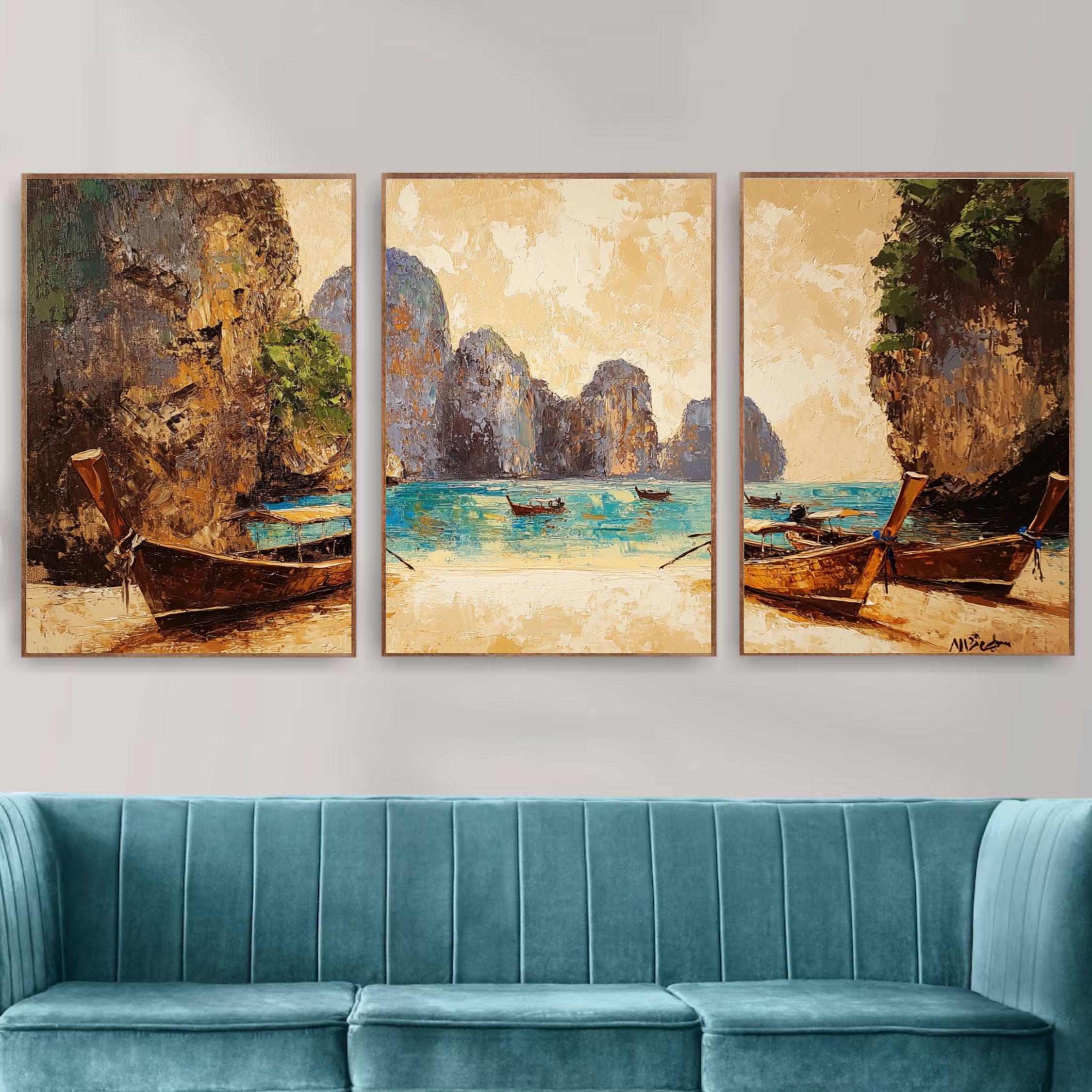 Maya Bay Thailand 3-panel Wall Art – Tropical Beach Painting, Longtail ...