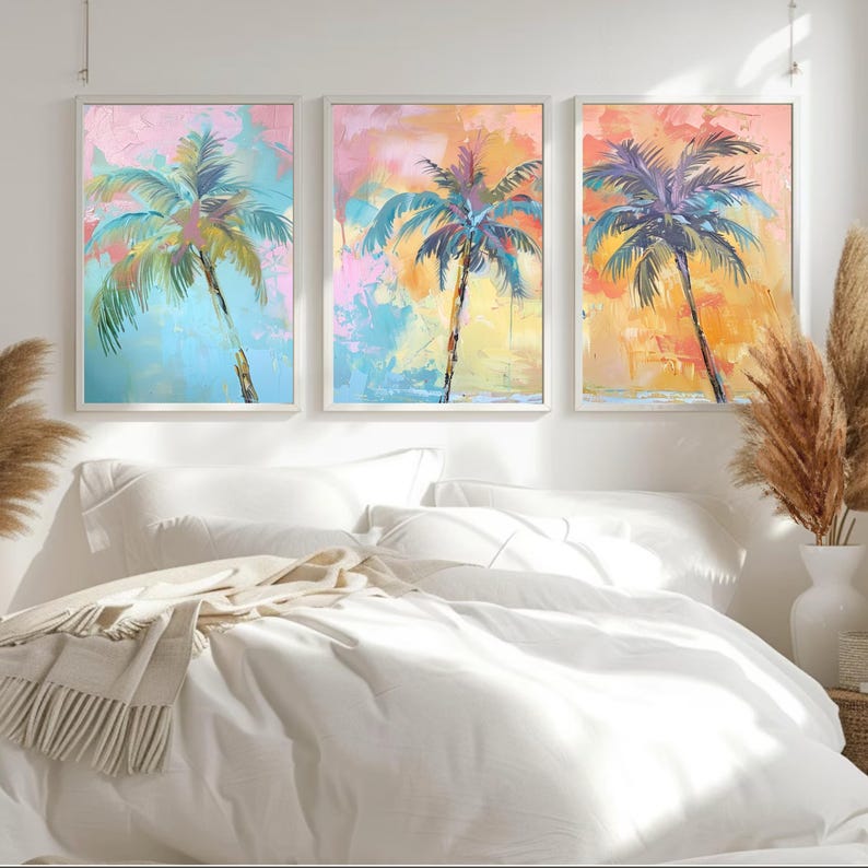 Modern Funky Palm Tree Set of Three - Tropical Serenity: Pastel Palm ...