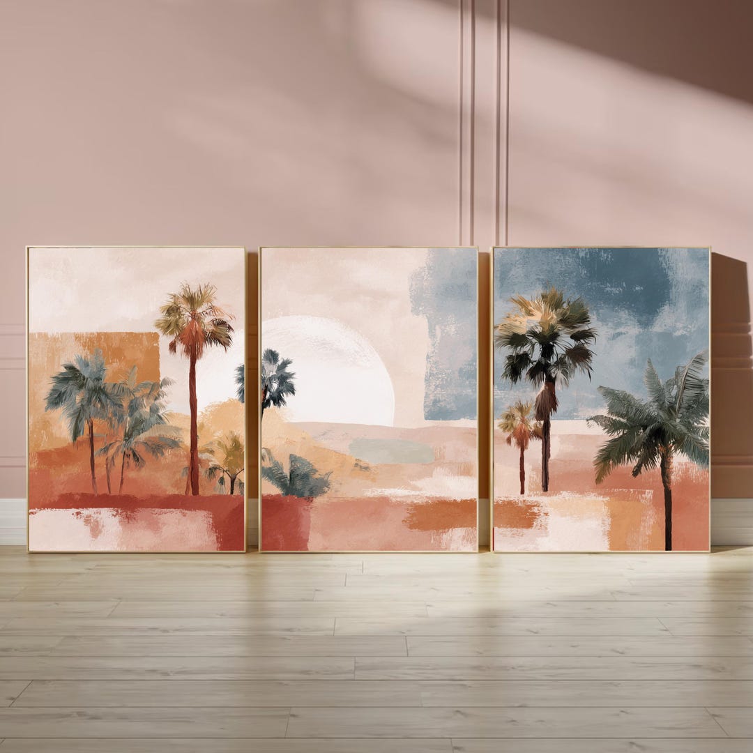 Desert Palm Tree Art Set of 3 | Mediterranean Sunset Prints | Warm ...