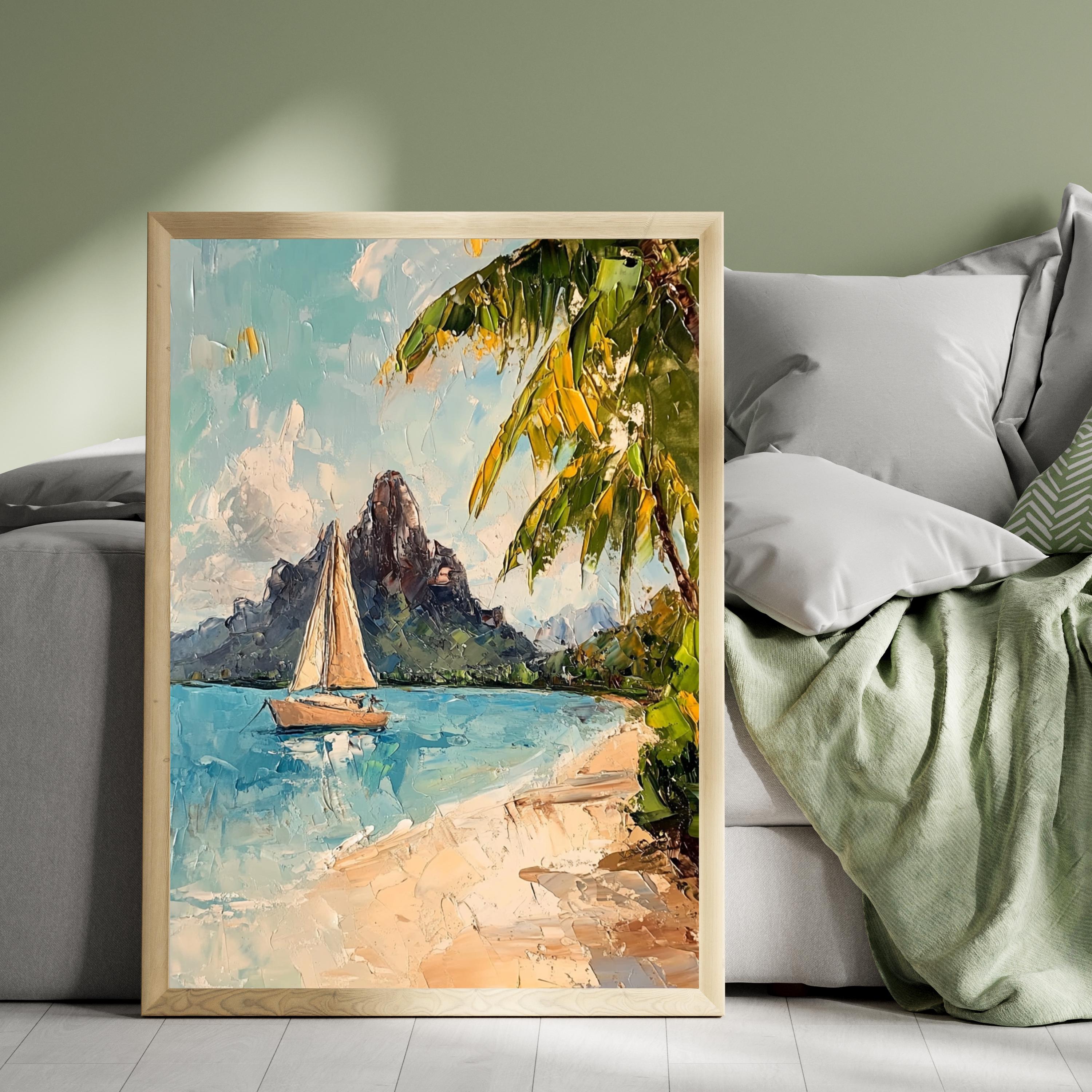 Bora Bora Tranquility – Textured Beige Oil Painting of Island Bungalows ...