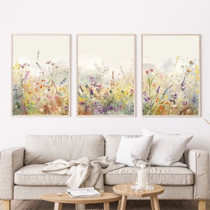 Boho Chic Wildflower Field Poster Set of 3 - Watercolor Floral Wall Art ...