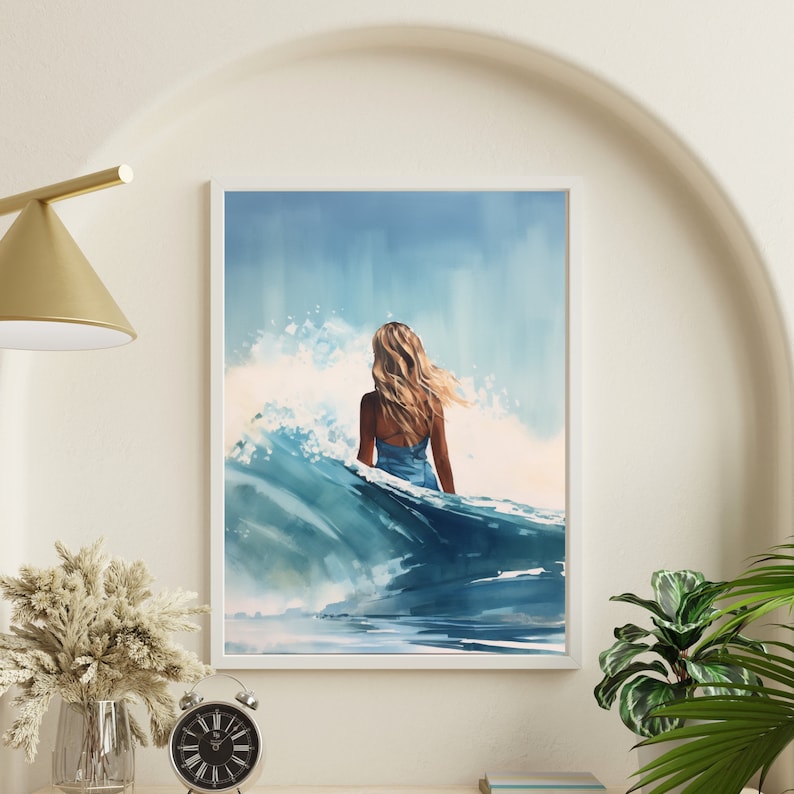 Blonde Surfer Girl | Summer Ocean Wall Art | Watercolor Beach Painting ...