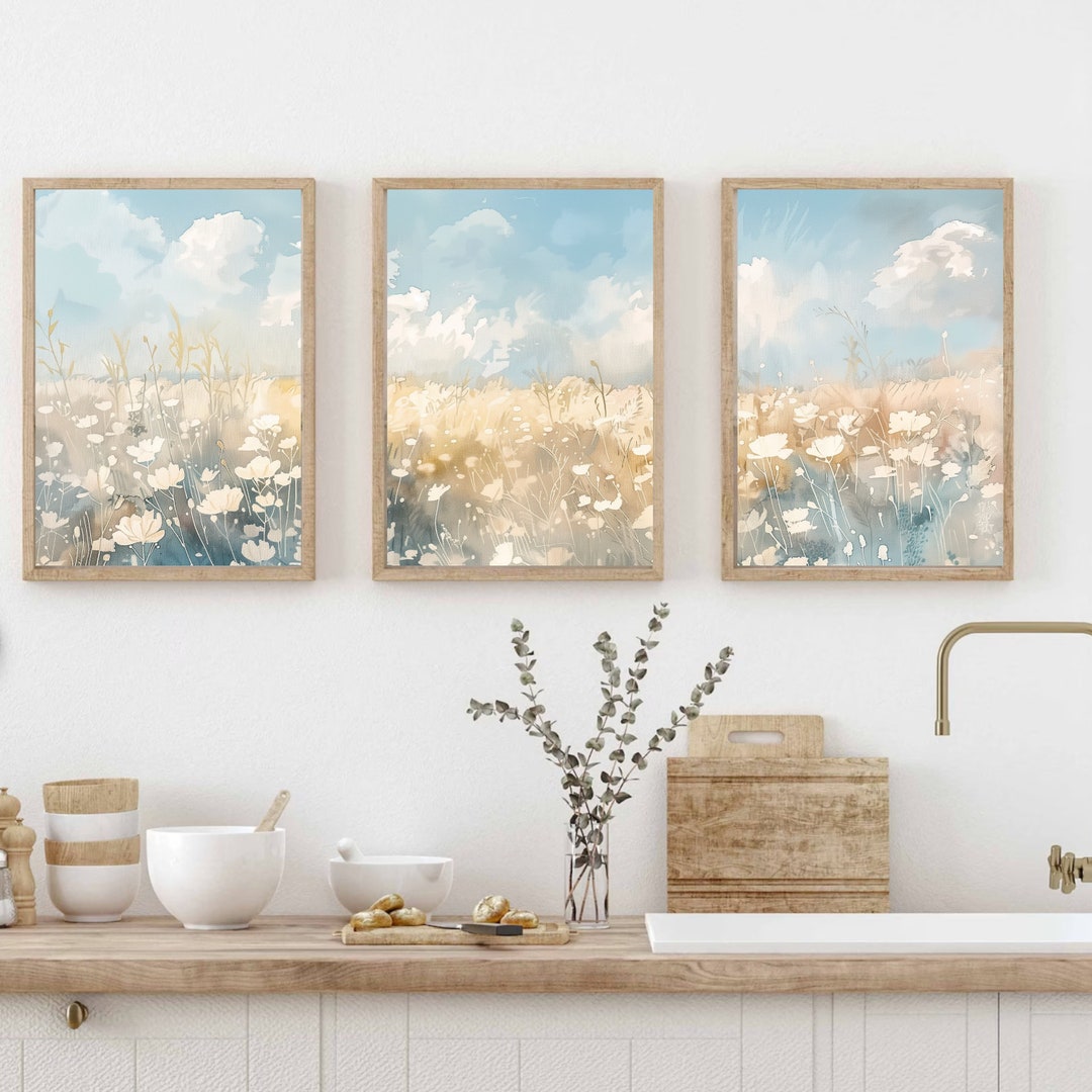 White Flower Field Poster Set of 3 - Watercolor Green Grass and Floral ...