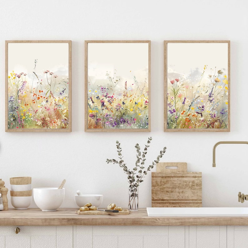 Boho Chic Wildflower Field Poster Set of 3 Watercolor Floral Wall Art ...
