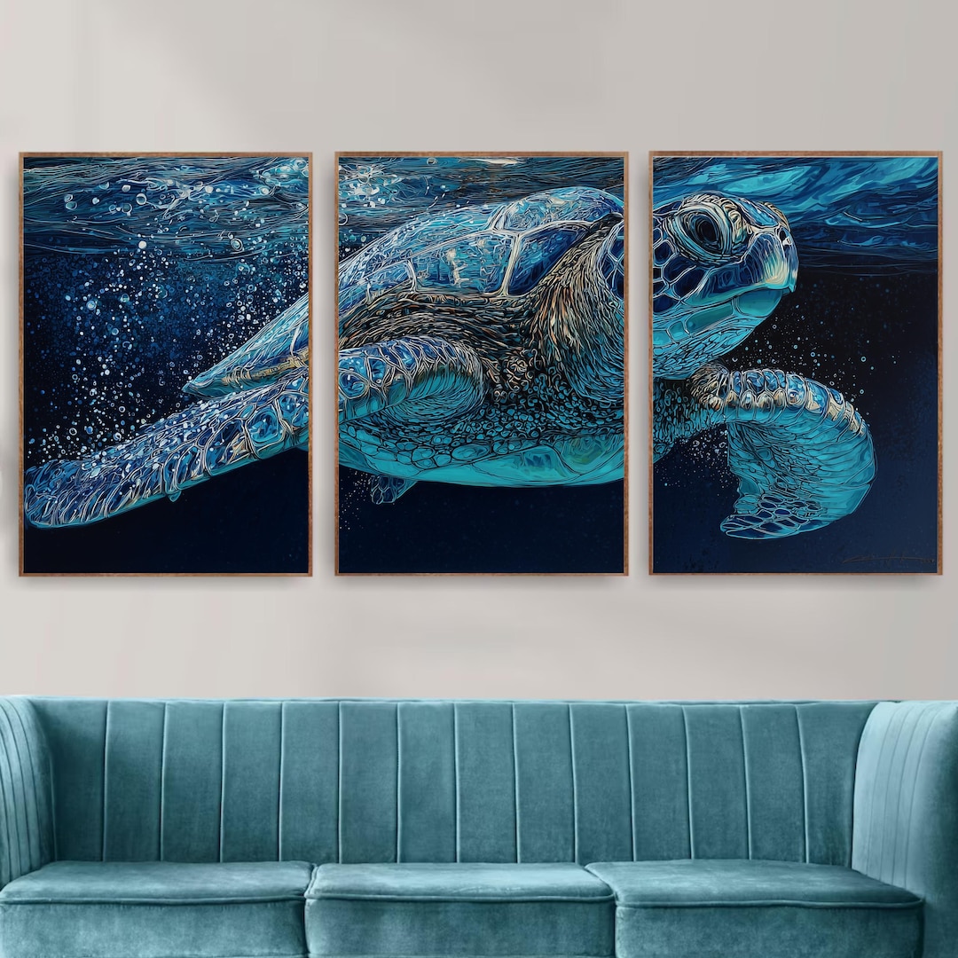 Sea Turtle Ocean Triptych | Underwater Marine Life Wall Art | Blue ...