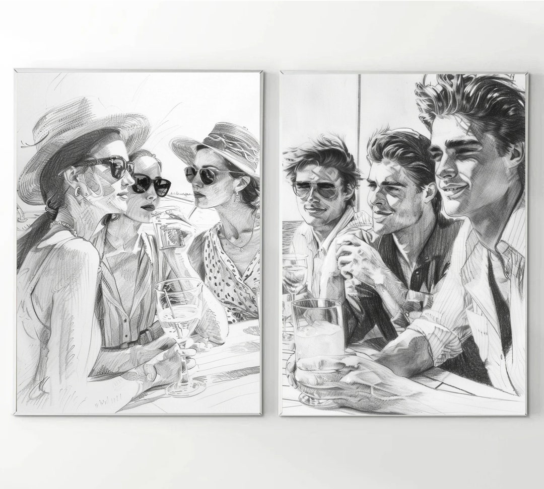 Sensual Pencil Drawing Set of 2 - Intimate Seaside Gathering ...